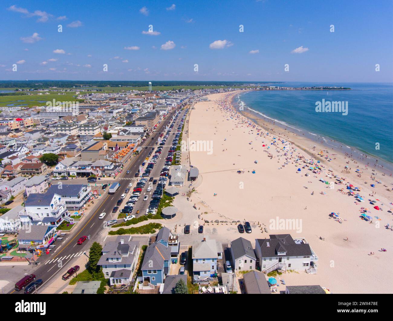 Hampton Beach aerial view including historic waterfront buildings on ...