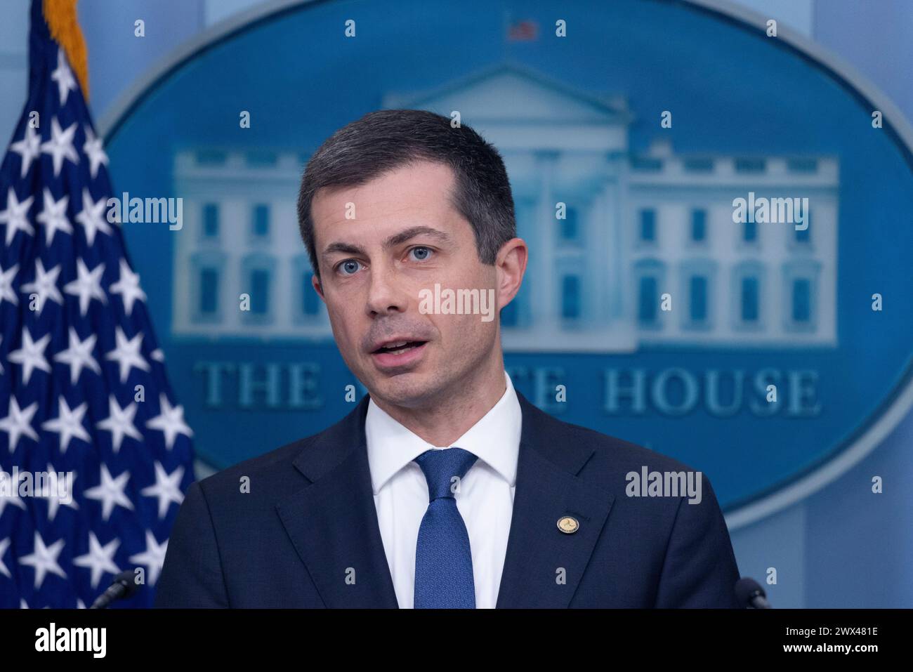 US Secretary of Transportation Pete Buttigieg participates in a news ...