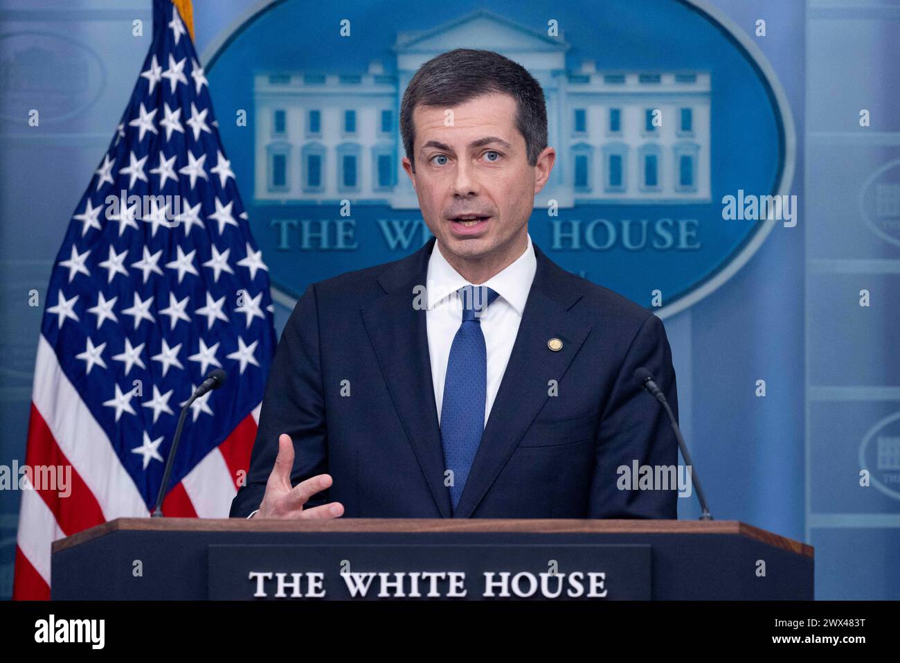 US Secretary of Transportation Pete Buttigieg participates in a news ...