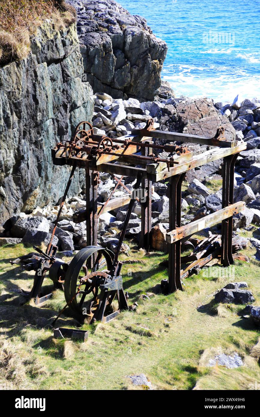 Old rusty equipment at the disused marble quarry on the Isle of Iona in ...
