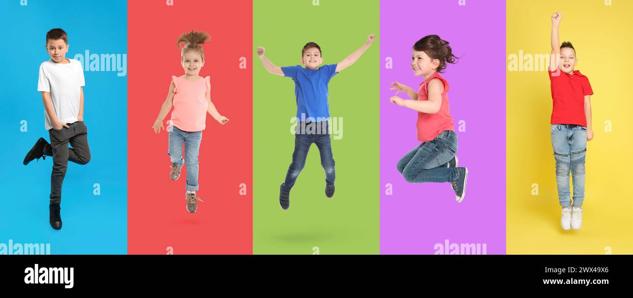 Group of children jumping on color backgrounds, set of photos Stock ...