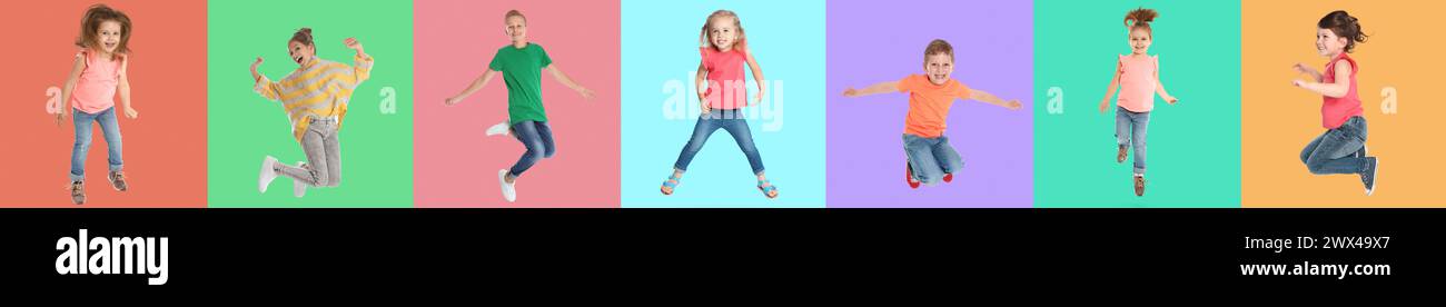 Group of children jumping on color backgrounds, set of photos Stock ...