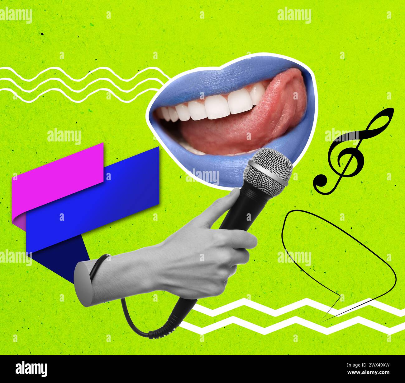 Stylish singer's performance poster. Creative collage lips and ...