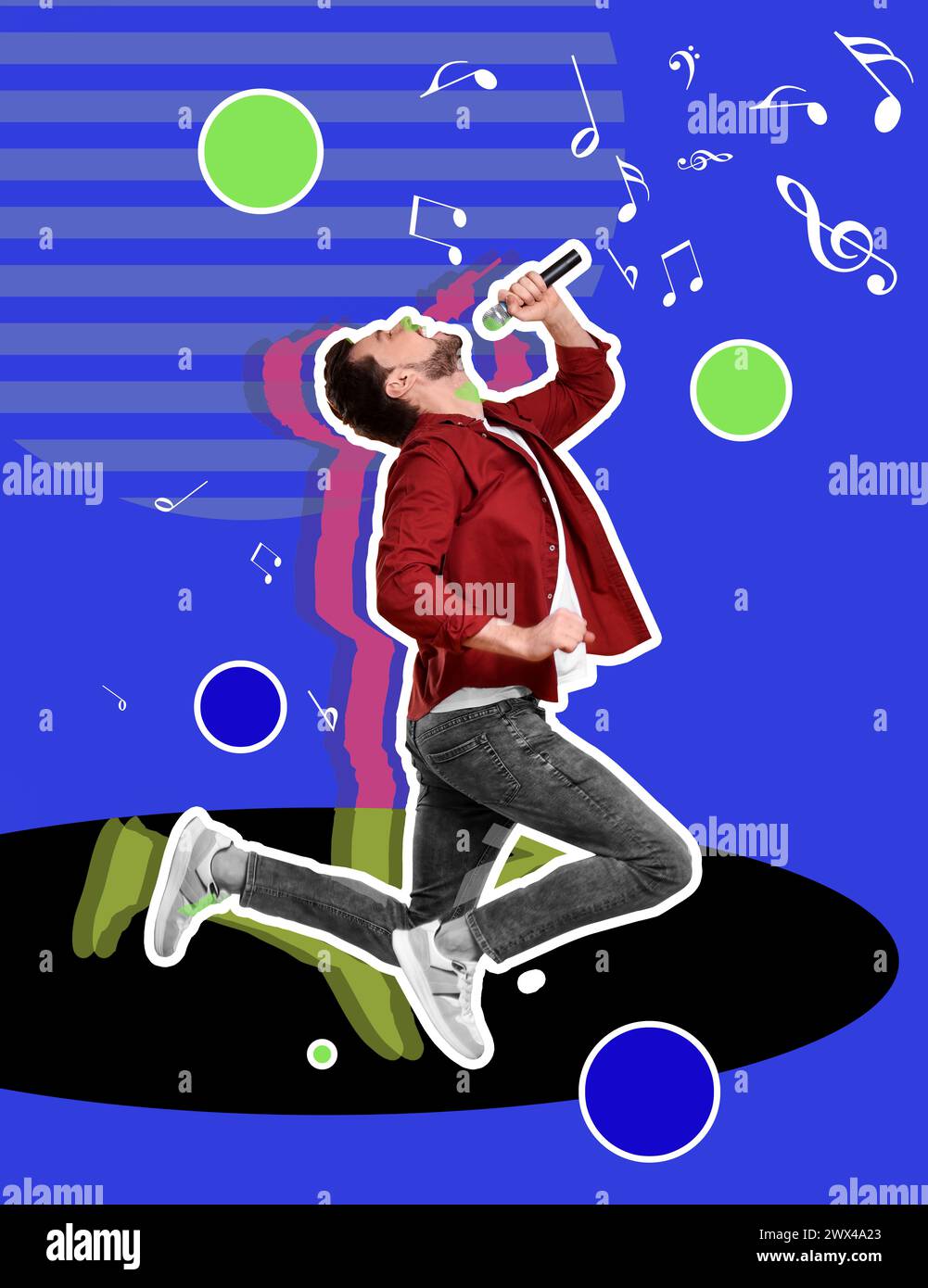 Creative collage for performance poster with man singing and jumping on ...