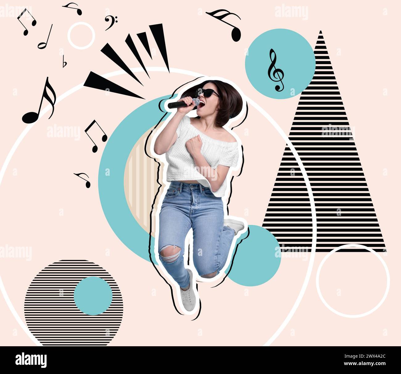 Creative collage for performance poster with woman singing and jumping ...