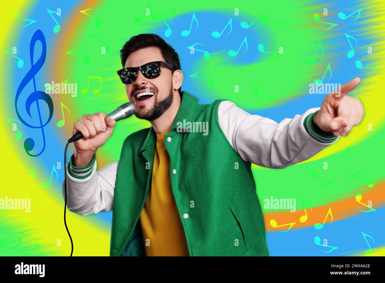 Singer's performance poster. Man with microphone on bright background ...