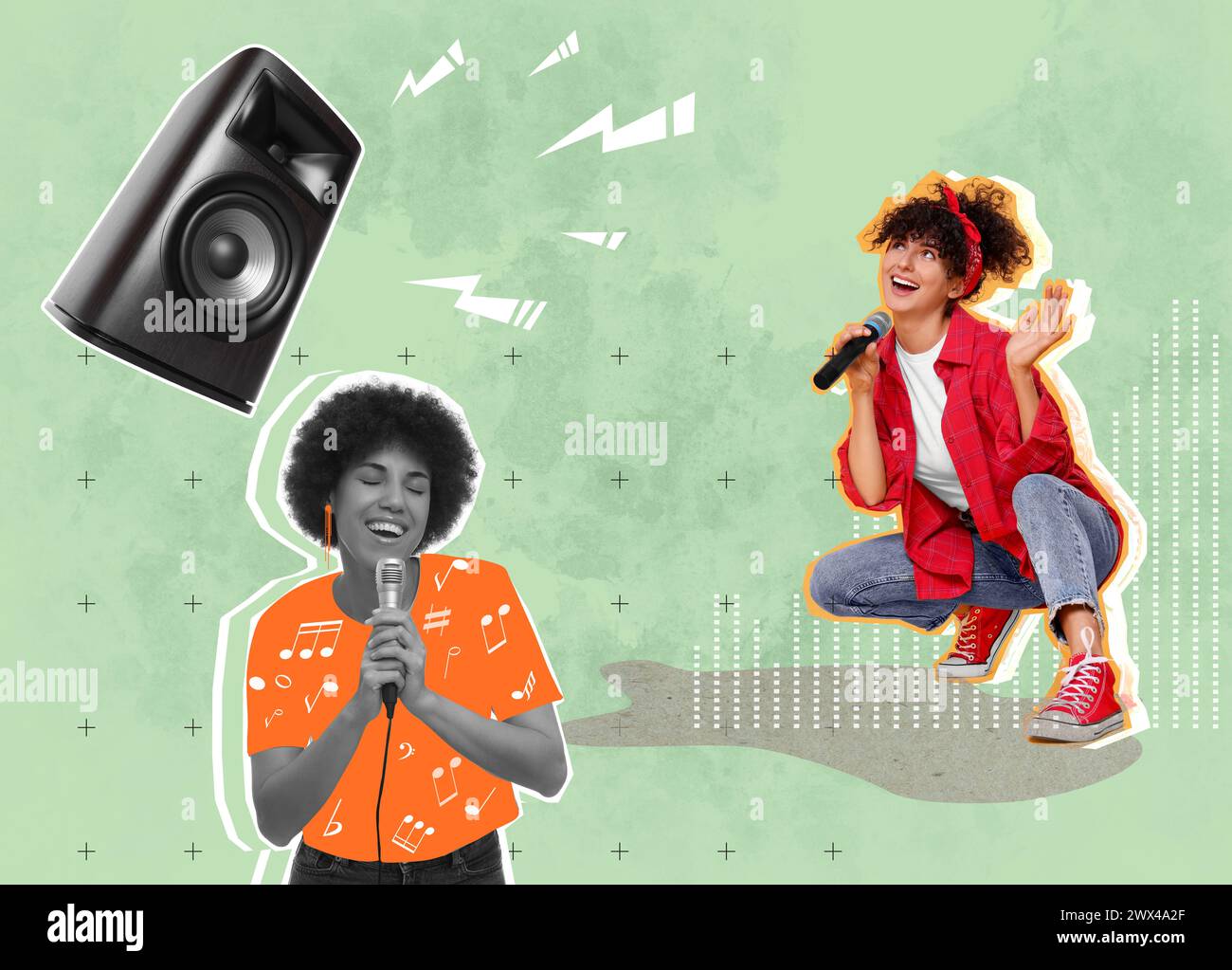 Creative collage for performance poster with women singing on bright ...