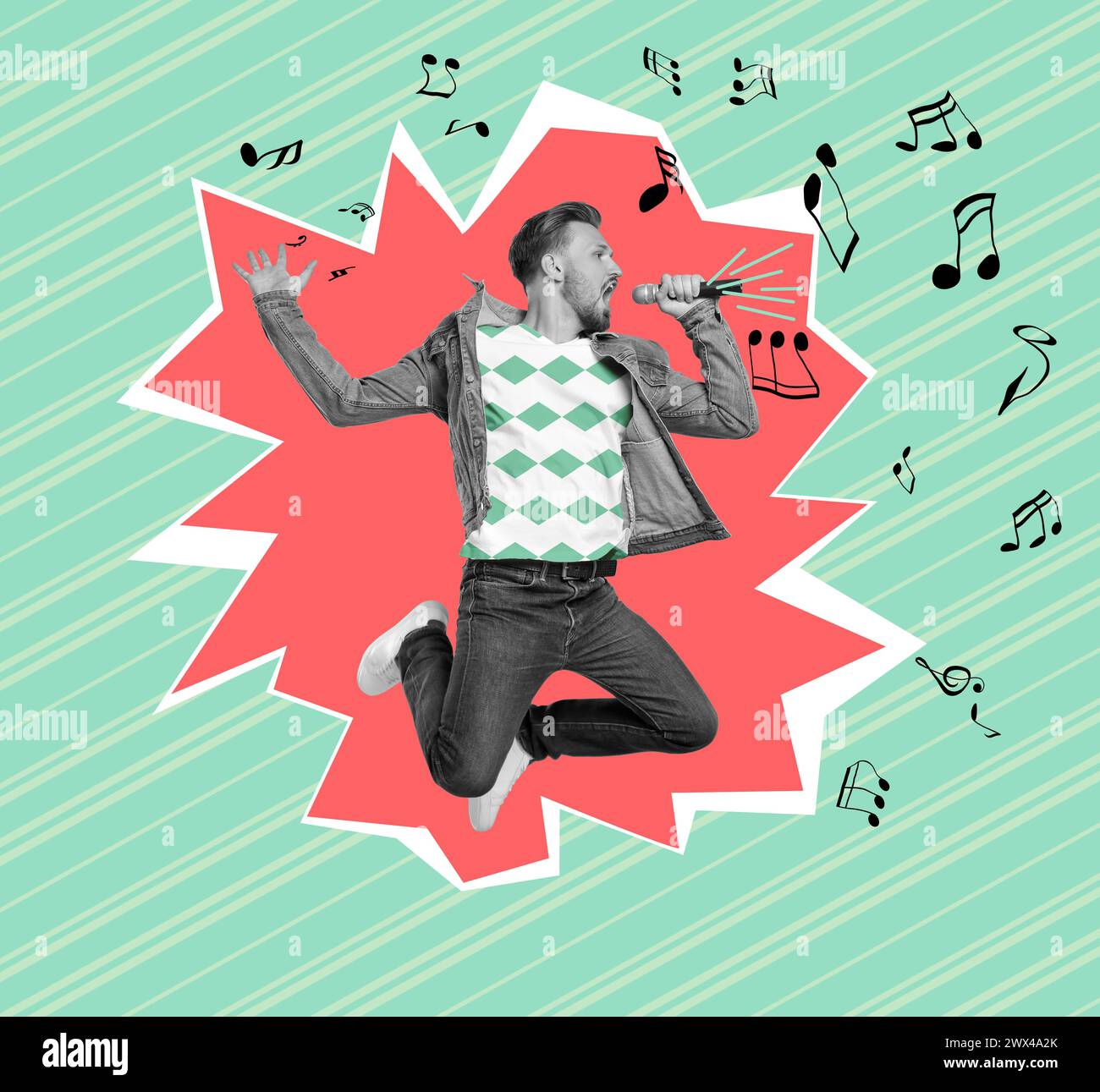 Creative collage for performance poster with man singing and jumping on ...