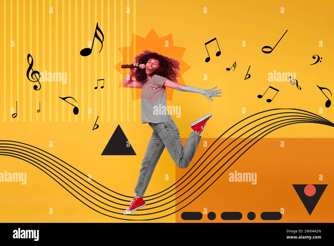 Creative collage for performance poster with woman singing and jumping ...