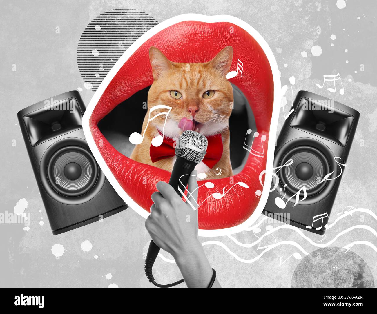 Stylish singer's performance poster. Creative collage with cat, lips ...