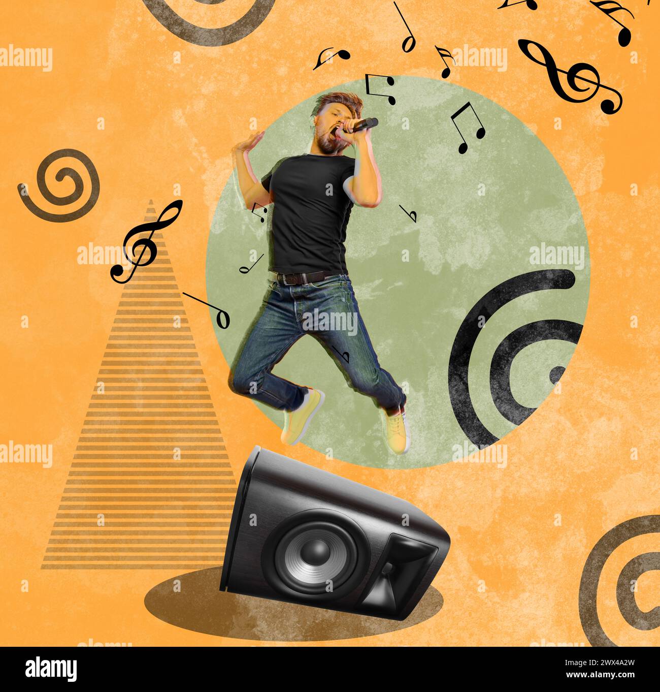 Creative collage for performance poster with man singing and jumping on ...