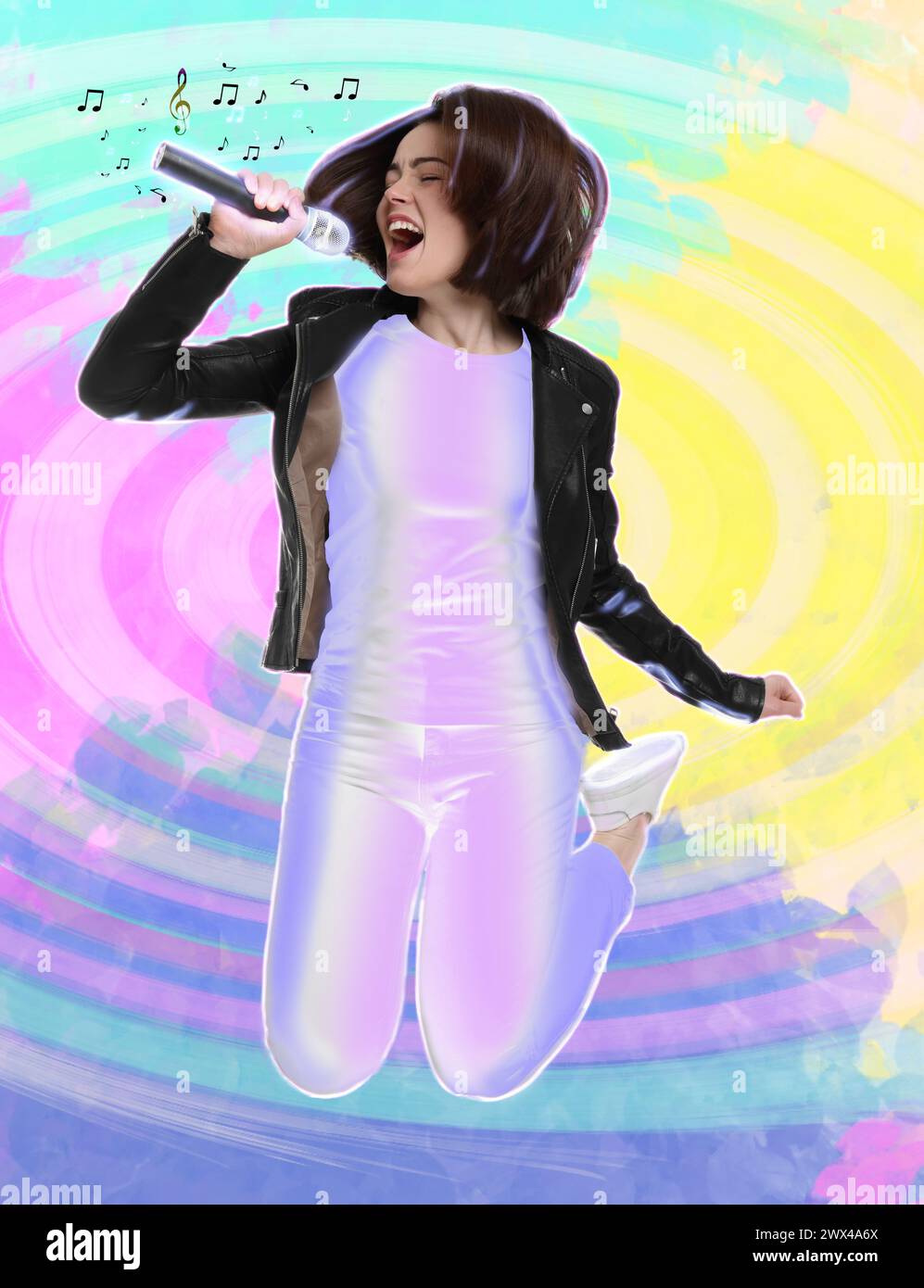 Singer's performance poster. Woman with microphone on bright background ...