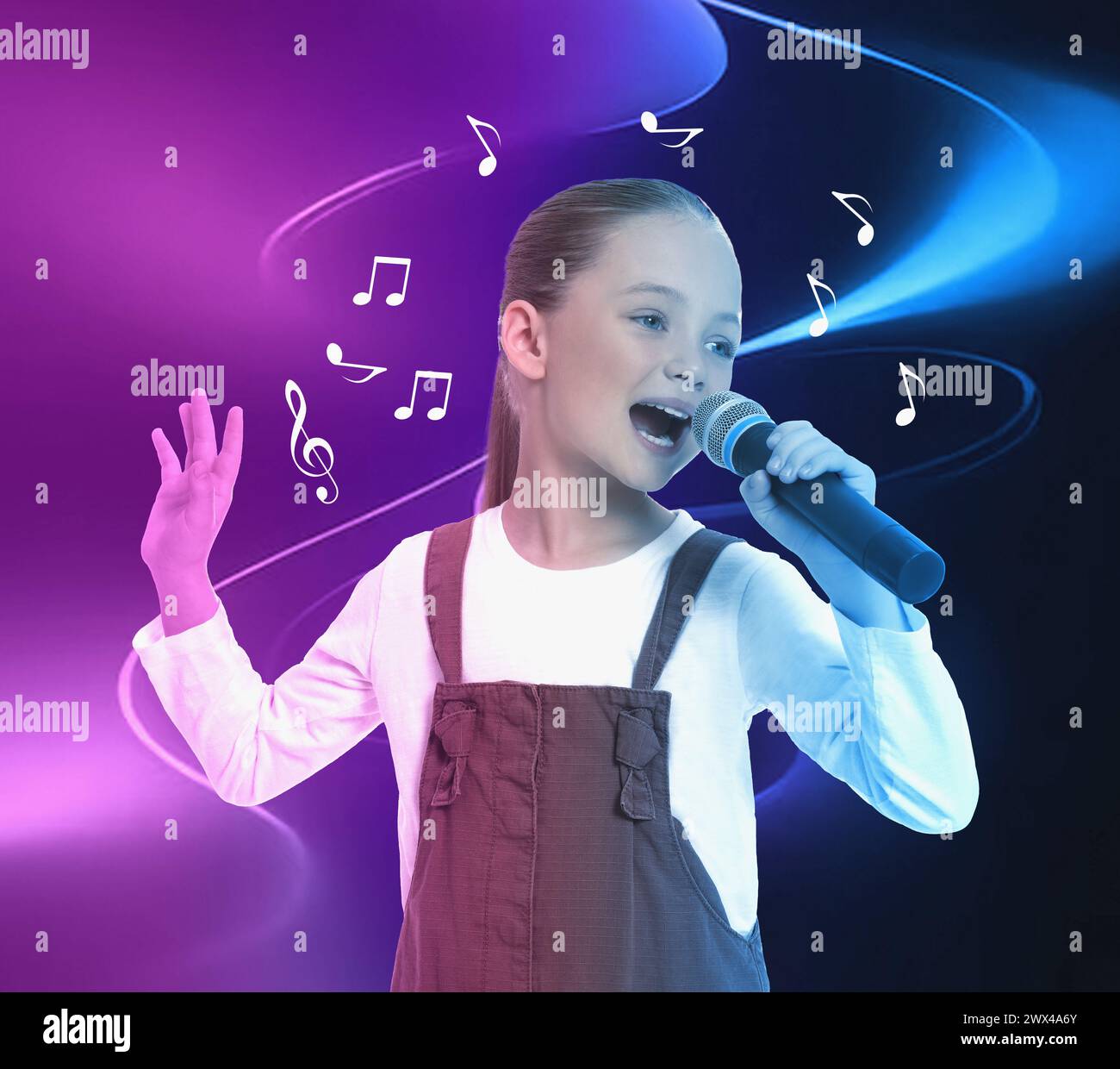 Singer's performance poster. Little girl with microphone on bright ...