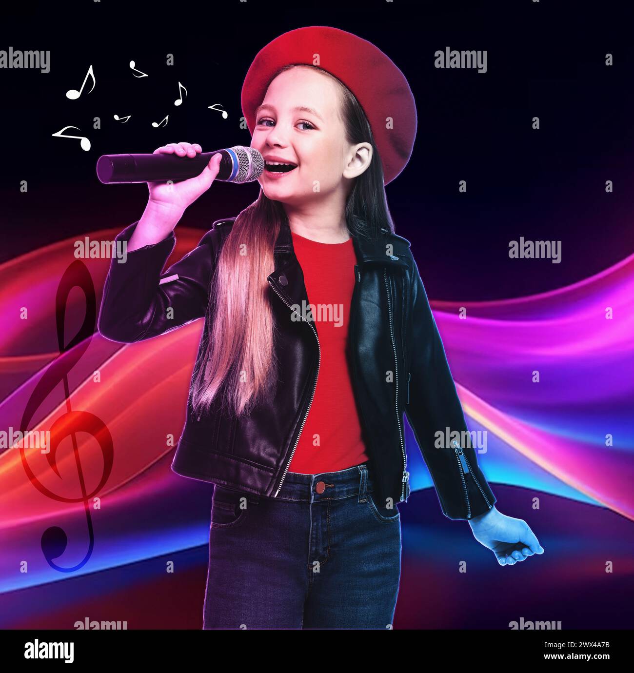 Singer's performance poster. Little girl with microphone on bright ...