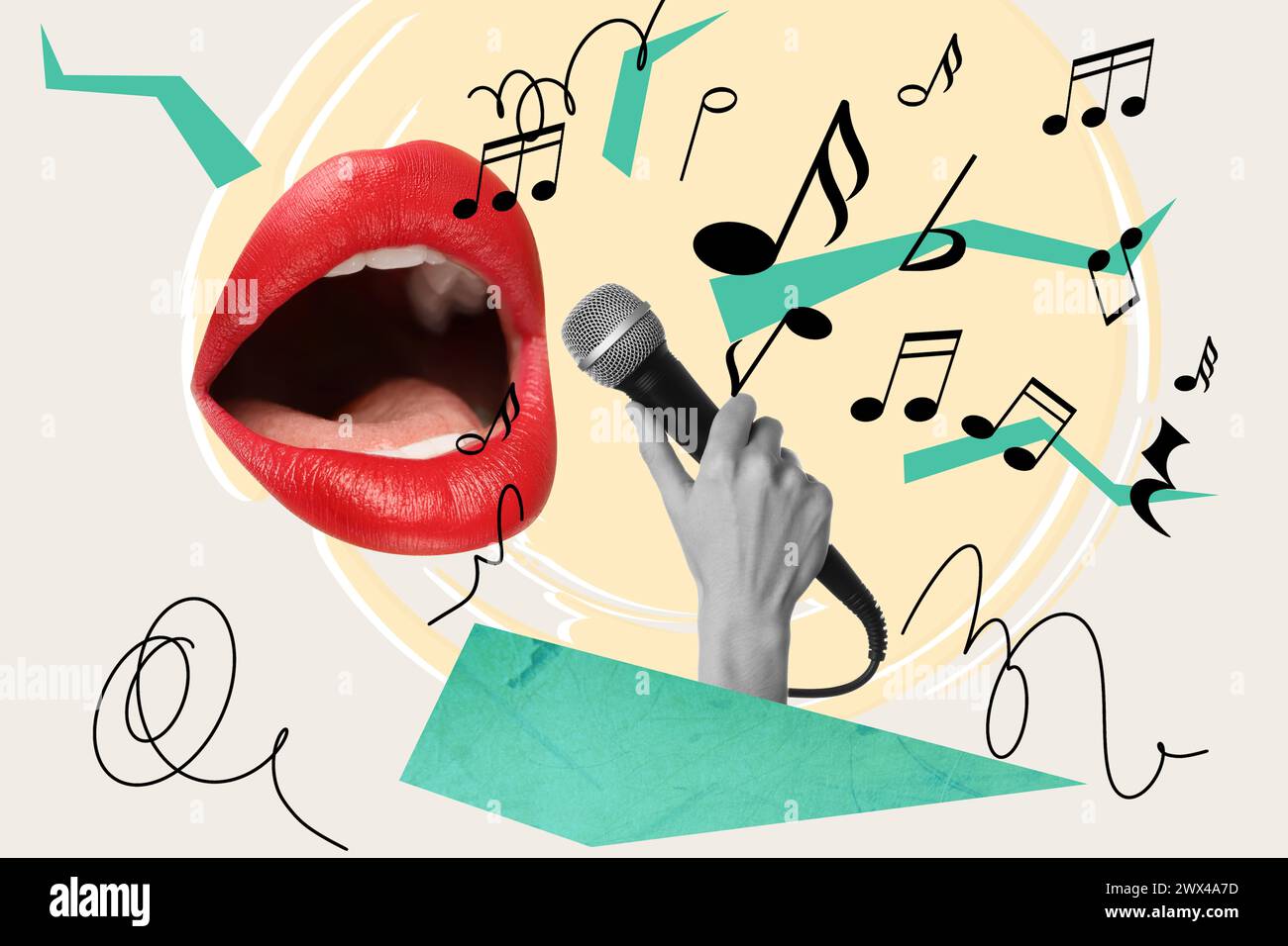 Stylish singer's performance poster. Creative collage lips and ...
