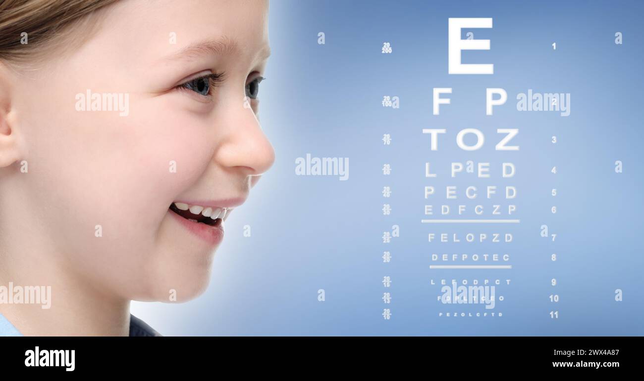 Vision test. Cute little girl and eye chart on blue background, banner ...