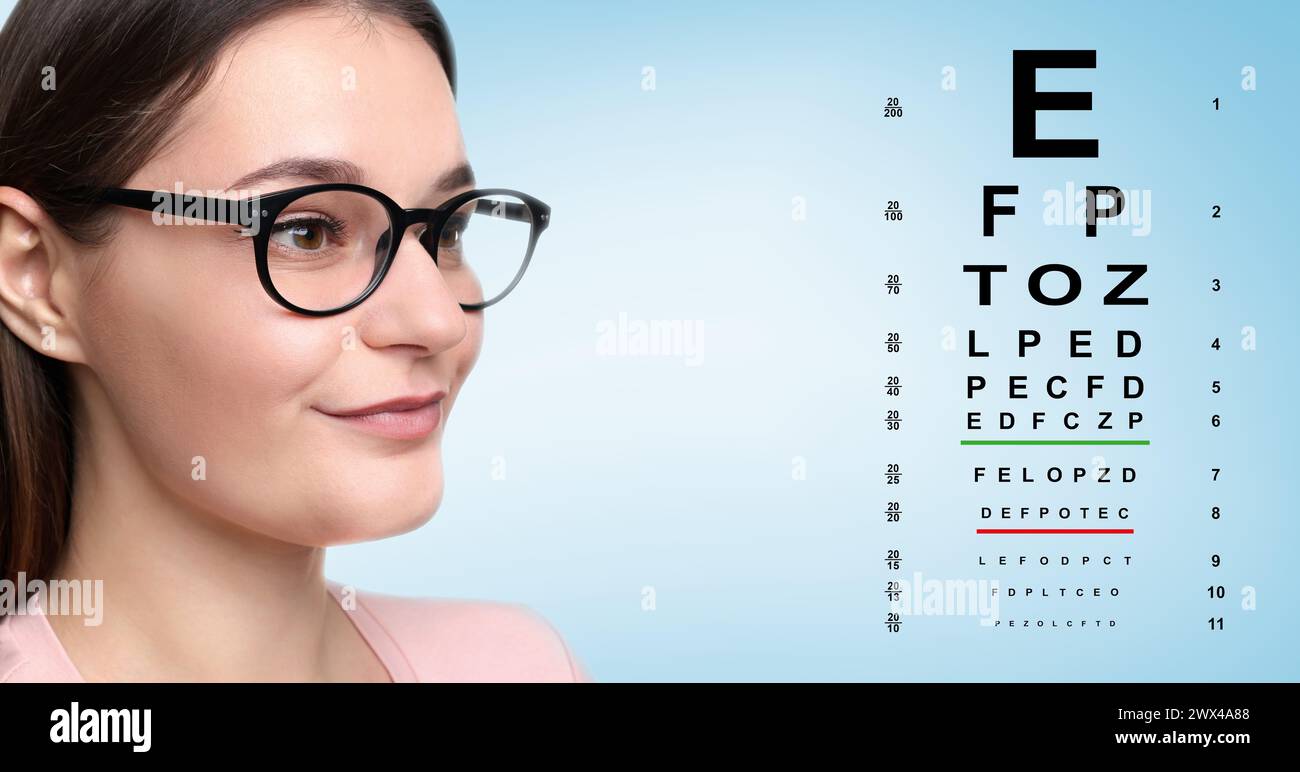 Vision test. Woman in glasses and eye chart on light blue background ...
