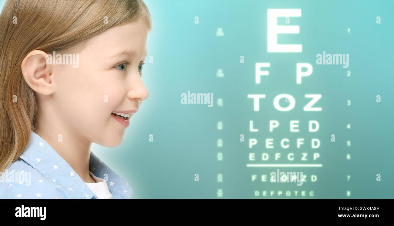 Vision test. Cute little girl and eye chart on turquoise background ...