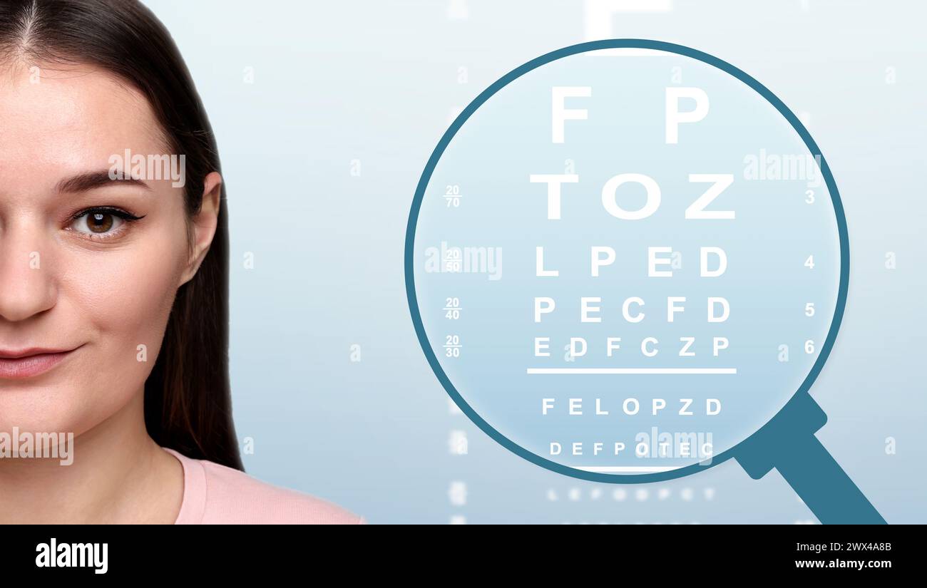 Vision test. Woman and eye chart on light blue background, view through ...