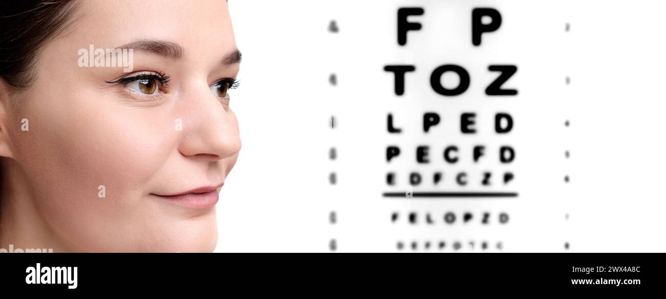 Vision test. Woman and eye chart on white background, banner design ...