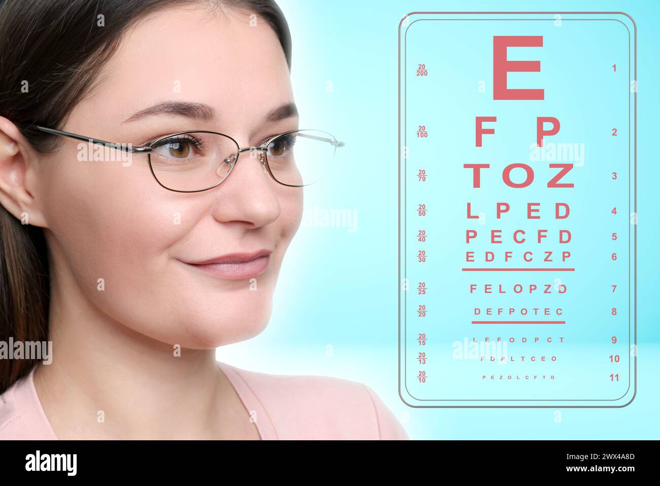 Vision test. Woman in glasses and eye chart on light blue background ...