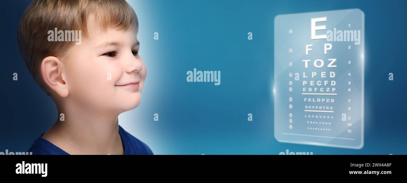 Vision test. Cute little boy and eye chart on blue background, banner ...