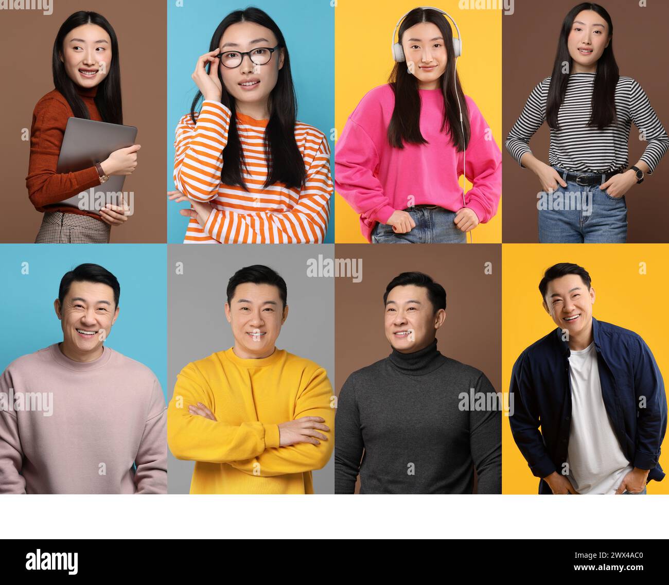 Collage with photos of Asian woman and man on different color ...