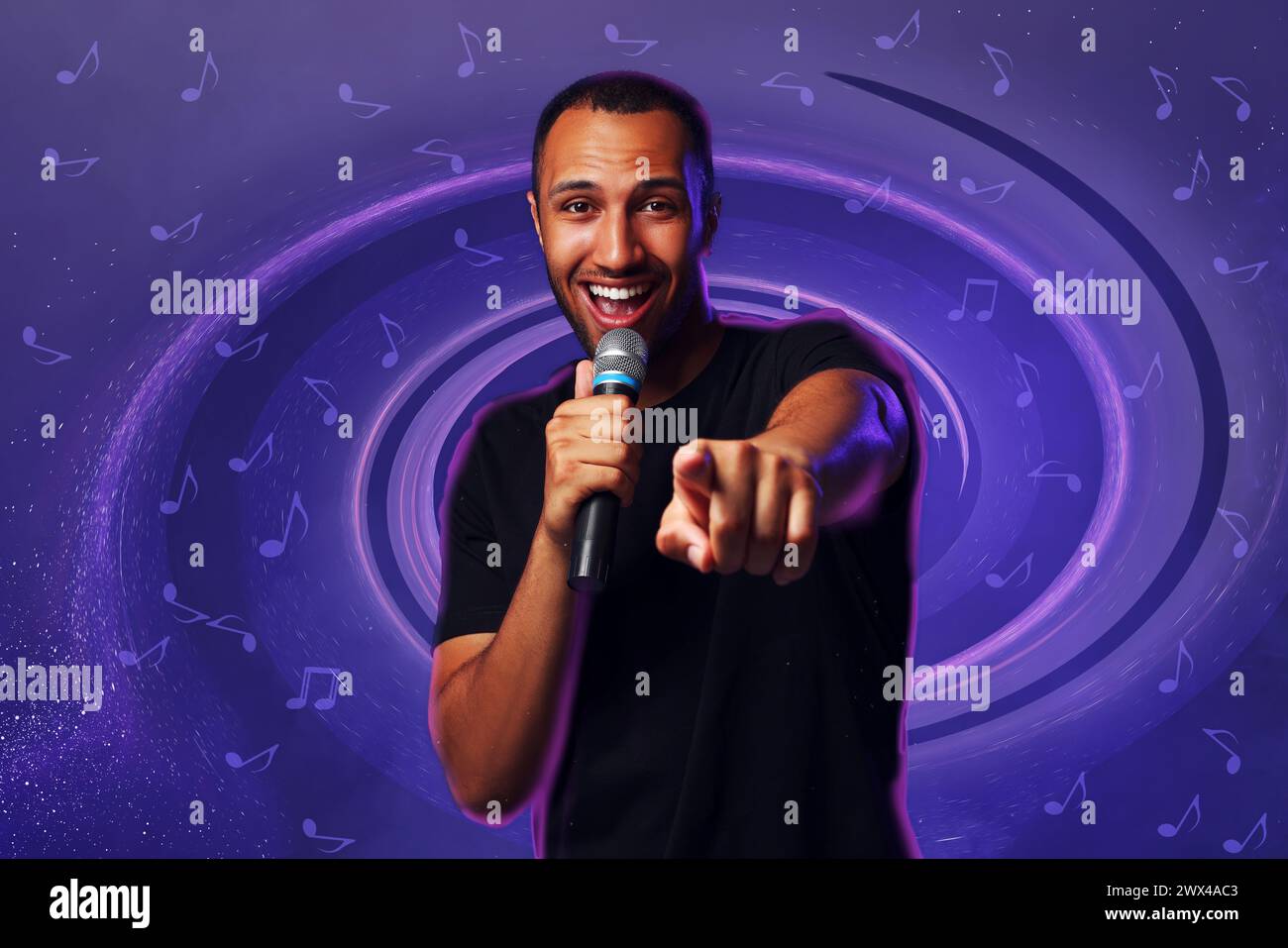 Singer's performance poster, stylish design. Man with microphone on ...