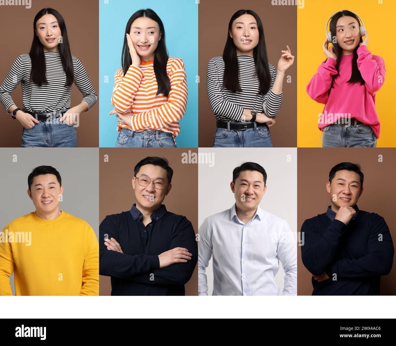 Collage with photos of Asian woman and man on different color ...