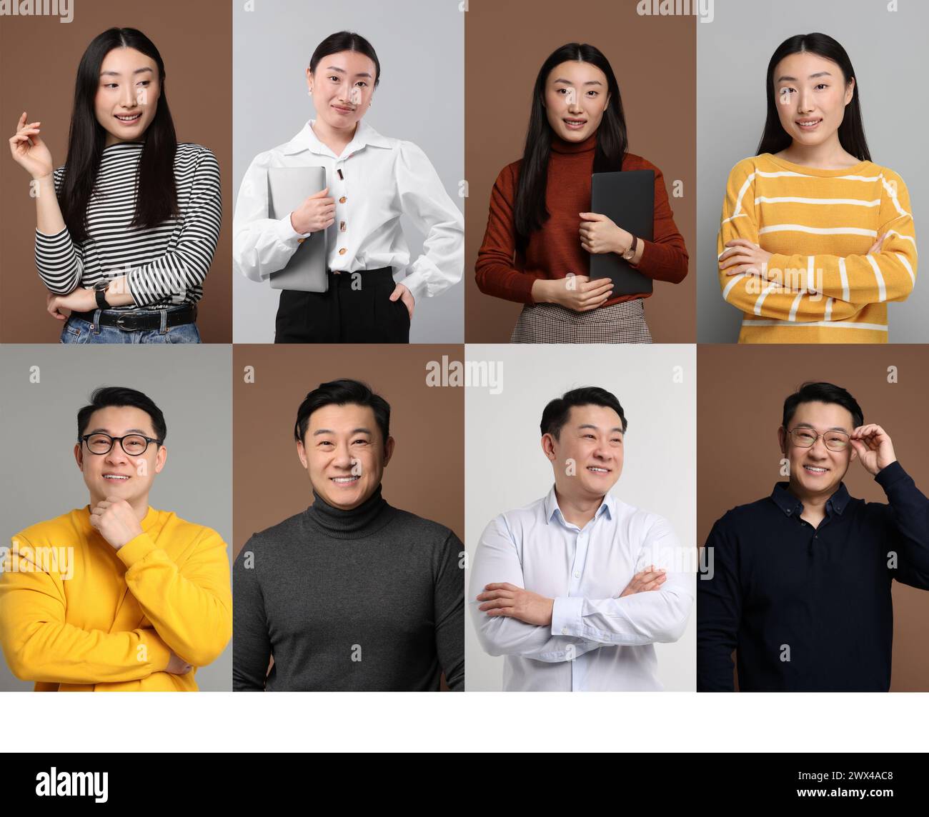 Collage with photos of Asian woman and man on different color ...