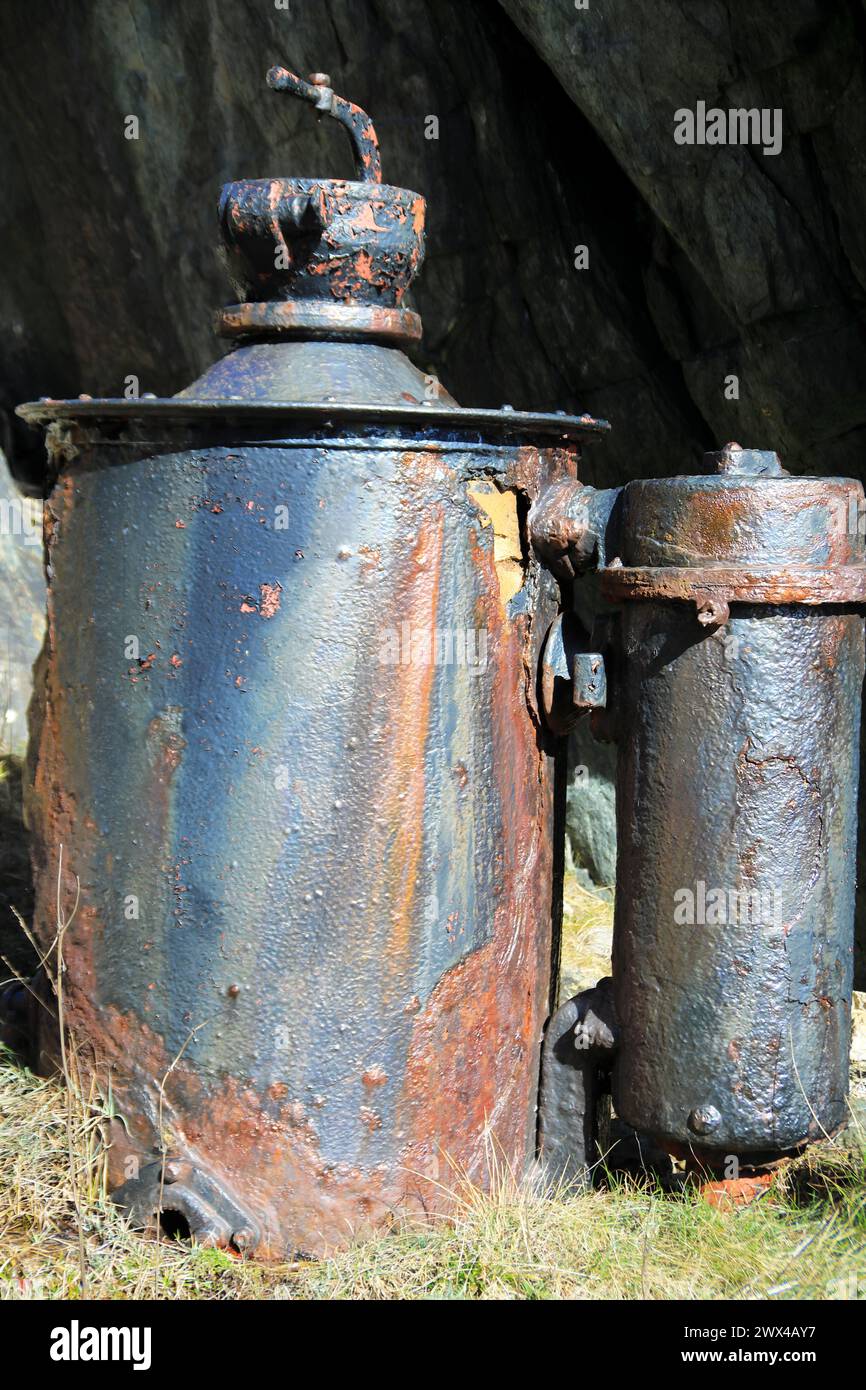 Old rusty equipment at the disused marble quarry on the Isle of Iona in ...