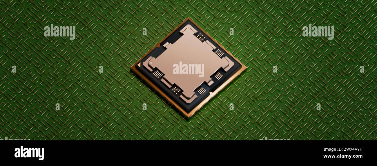 AMD Ryzen 9 AM5 on top of a maze of green board circuits with copper ...