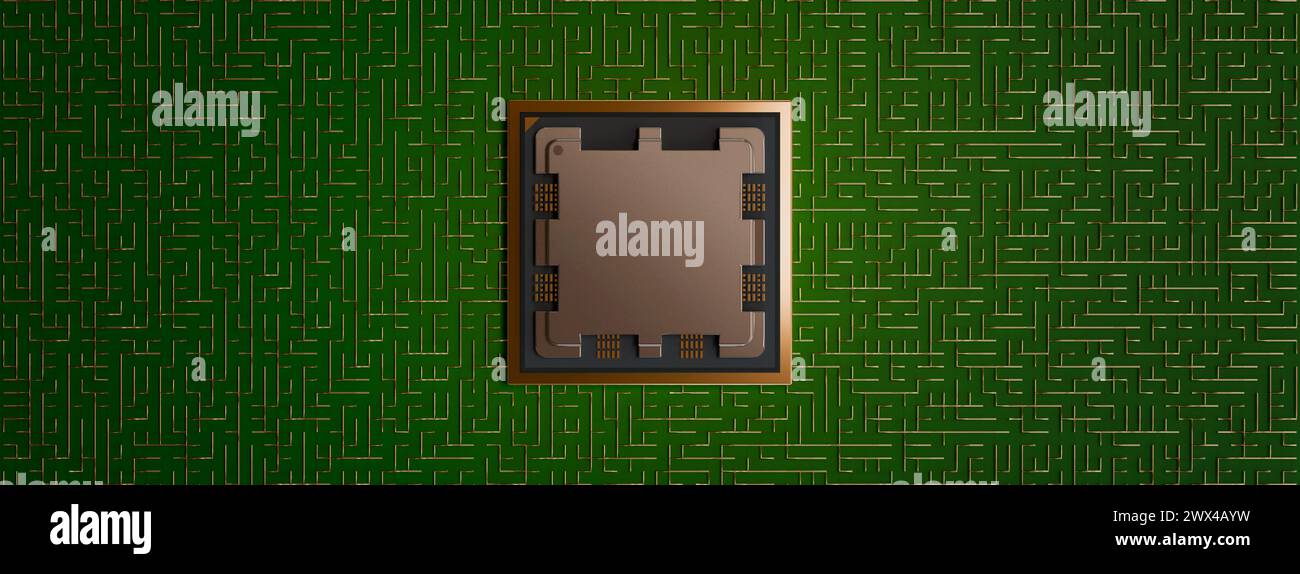 AMD Ryzen 9 AM5 on a maze of green board circuits with copper wires ...