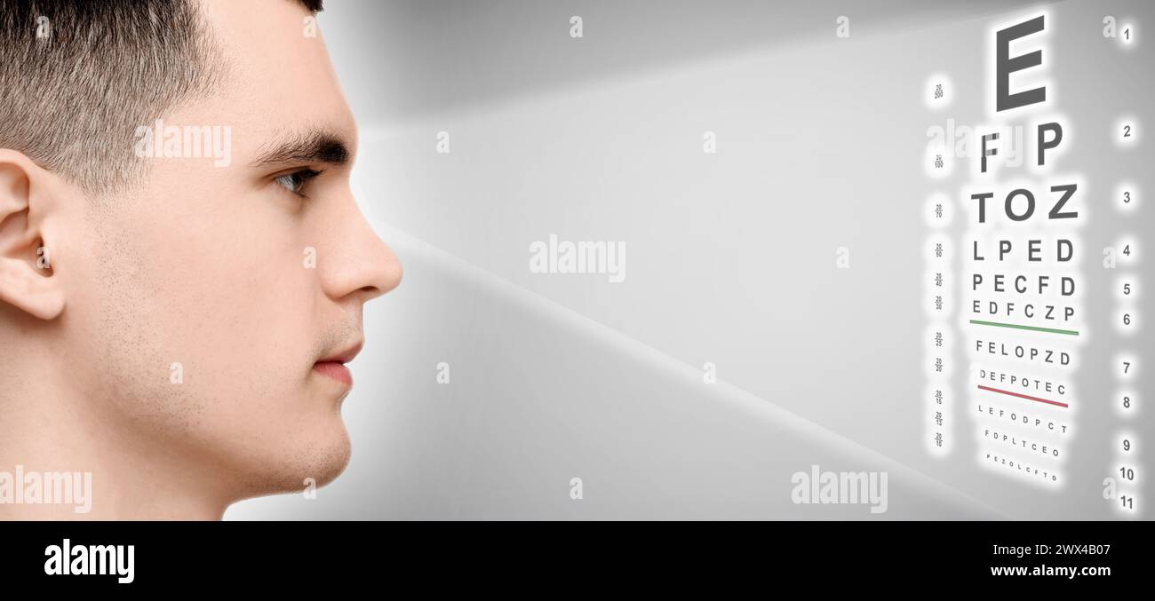 Vision test. Man and eye chart on grey background, banner design Stock ...