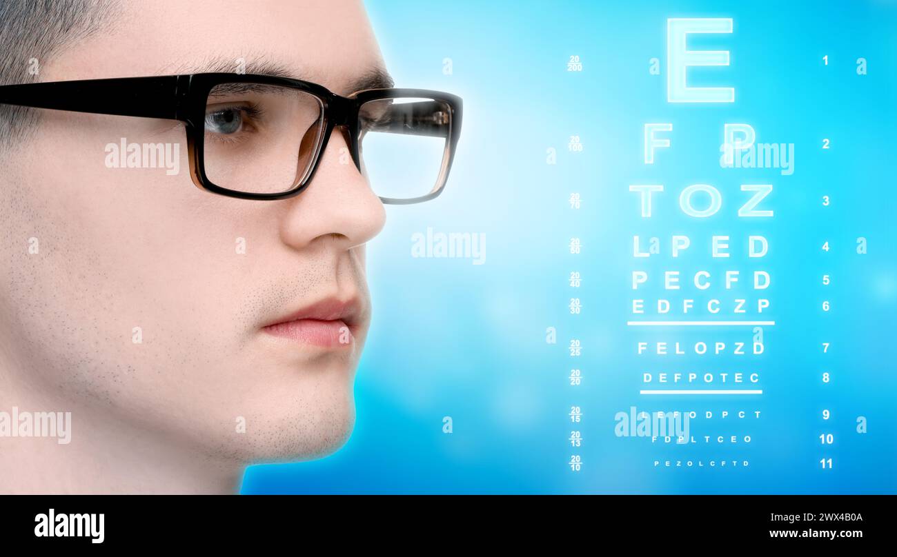 Vision test. Man in glasses and eye chart on light blue background ...