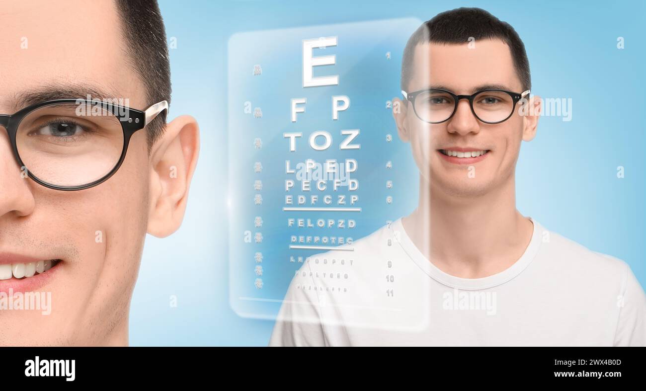 Vision test. Man in glasses and eye chart on light blue background ...