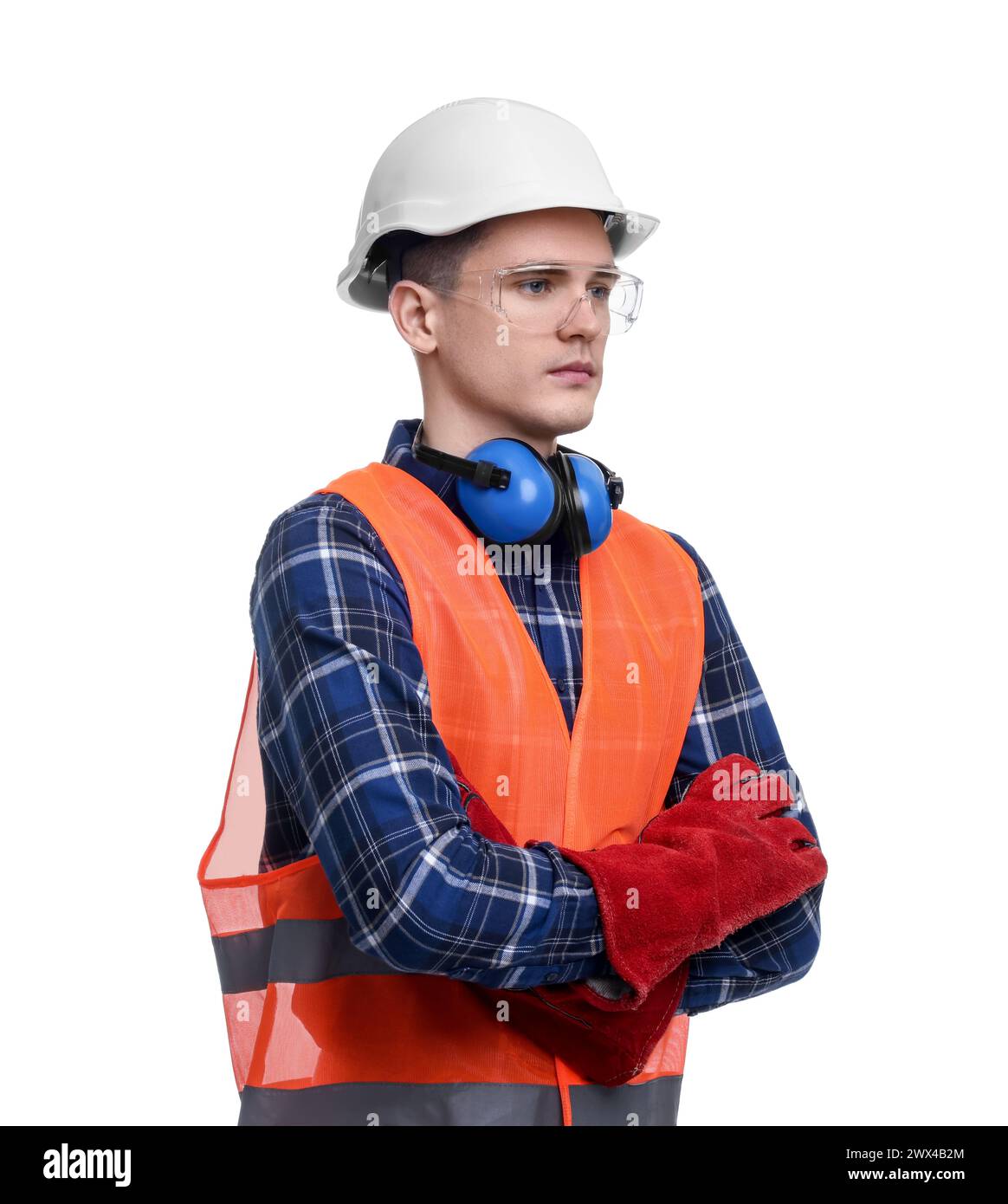 Young man wearing safety equipment on white background Stock Photo - Alamy