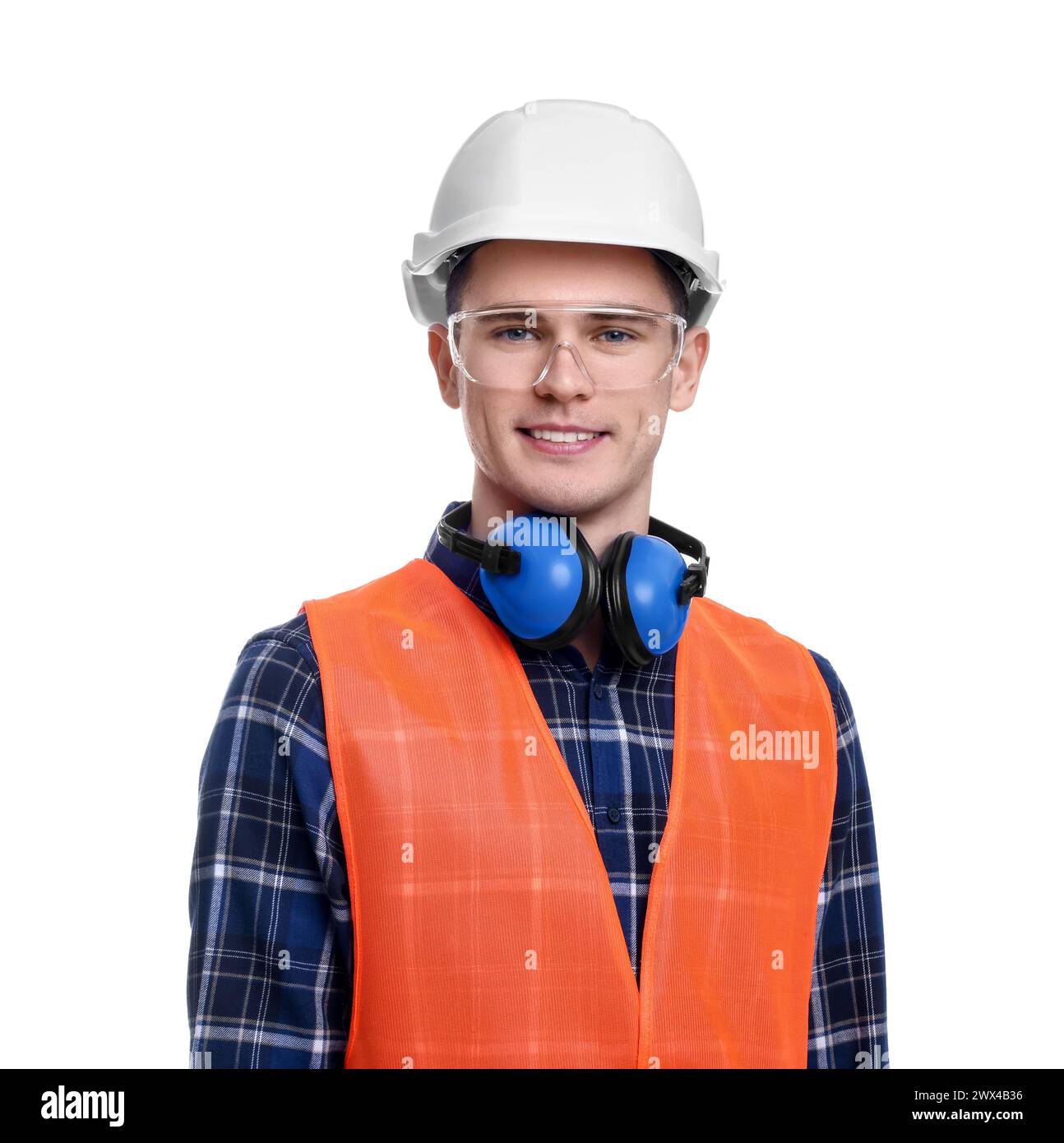 Young man wearing safety equipment on white background Stock Photo - Alamy