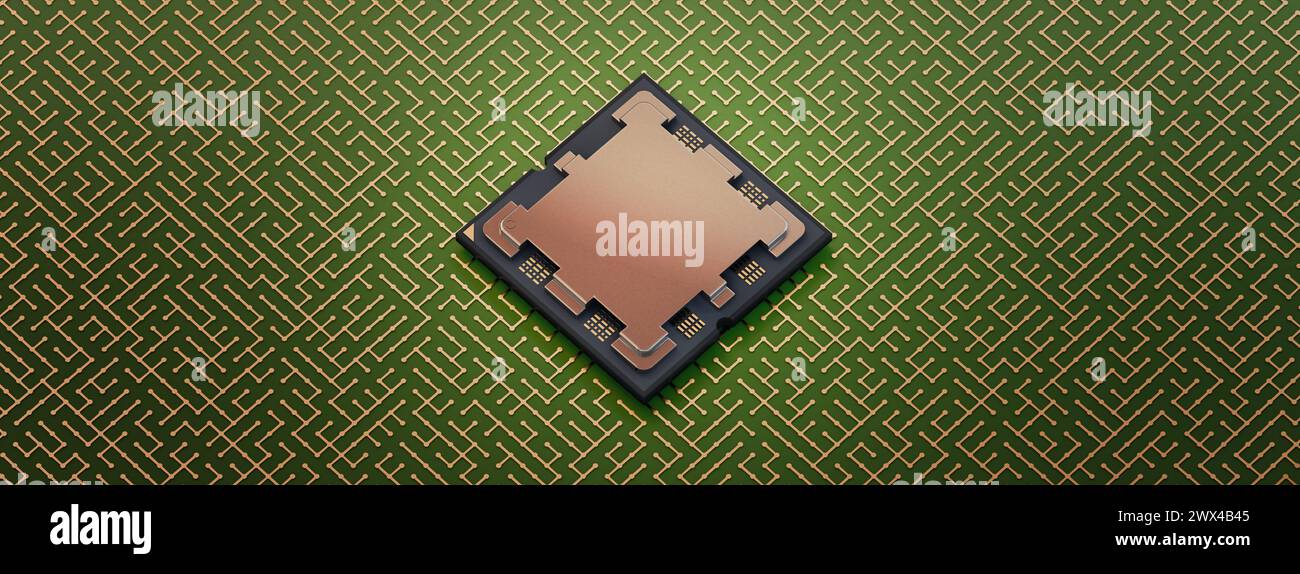 AMD Ryzen 9 AM5 on a maze of green board circuits with copper wires and ...