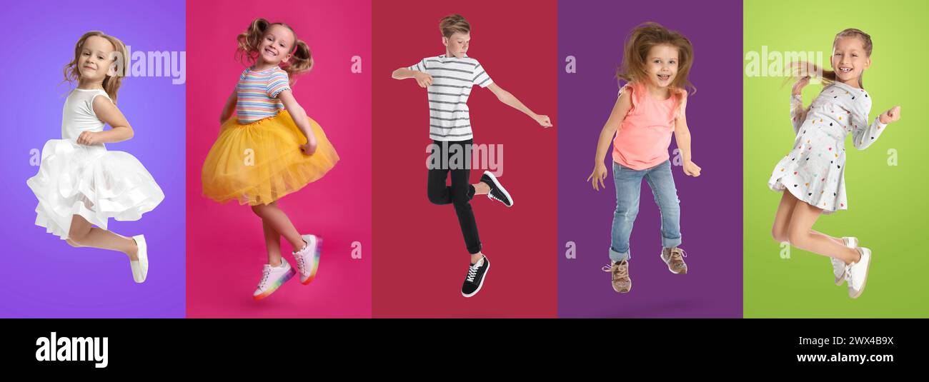 Group of children jumping on color backgrounds, set of photos Stock ...