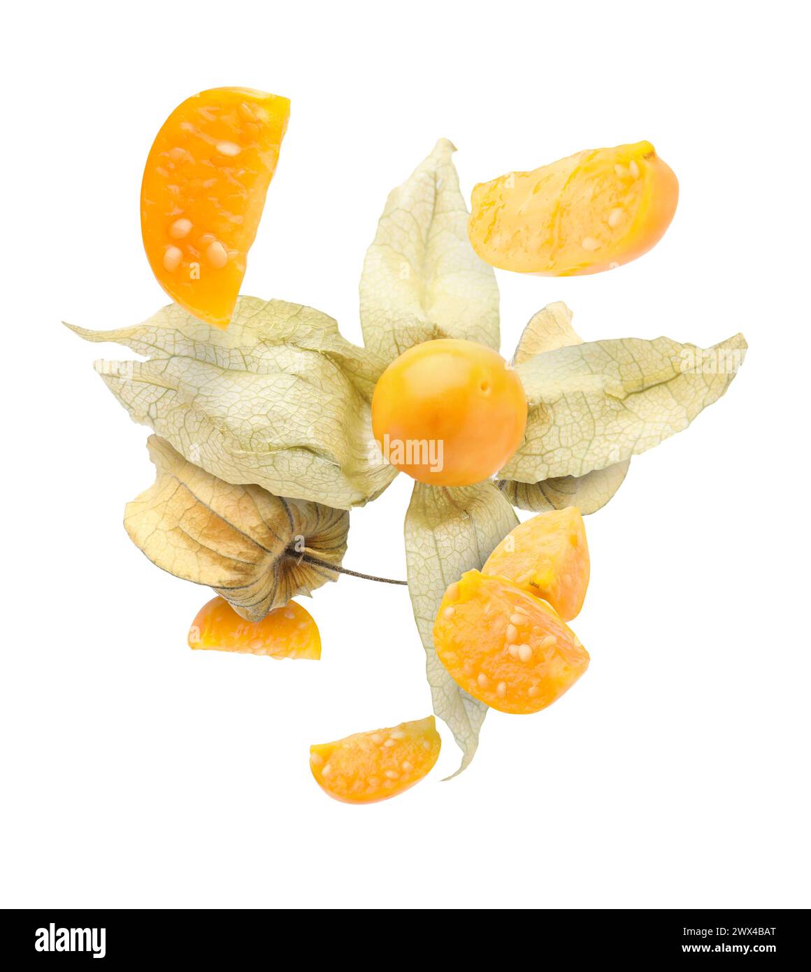 Ripe orange physalis fruits with calyx falling on white background ...