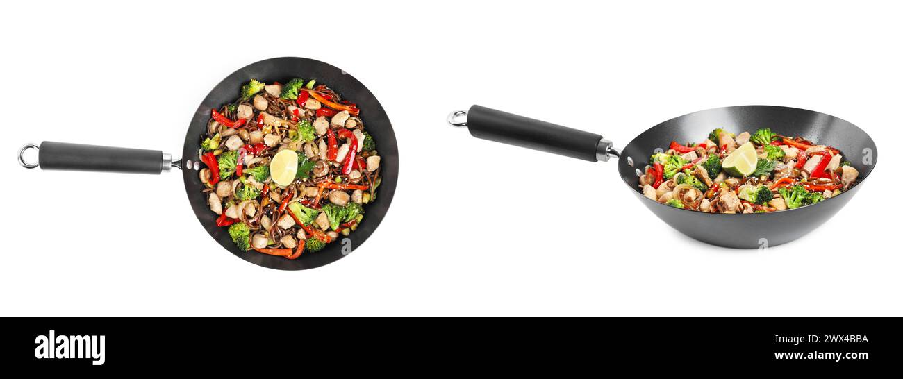 Wok with stir fried noodles, meat and vegetables isolated on white, top ...