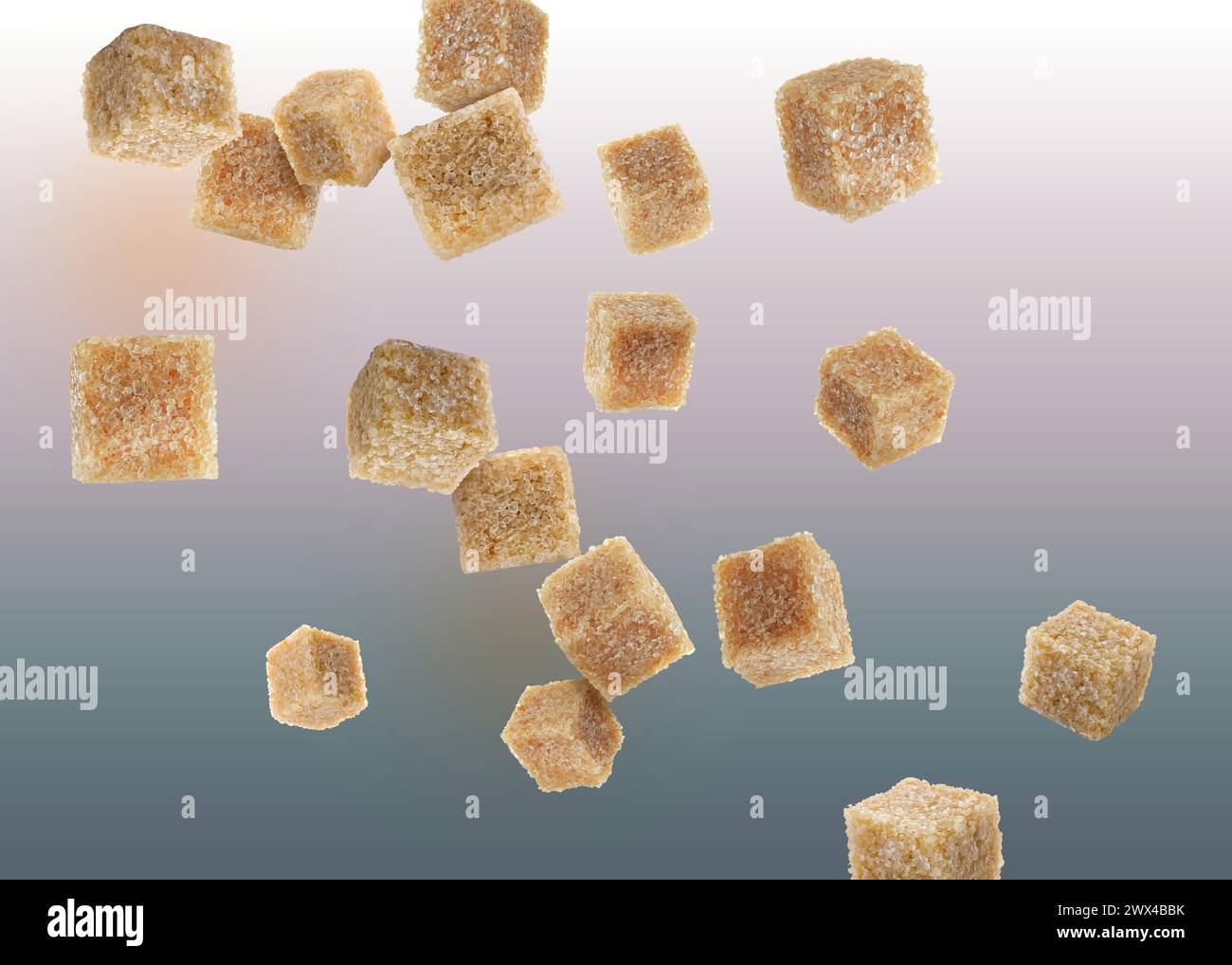 Brown cane sugar cubes falling on color gradient background Stock Photo ...