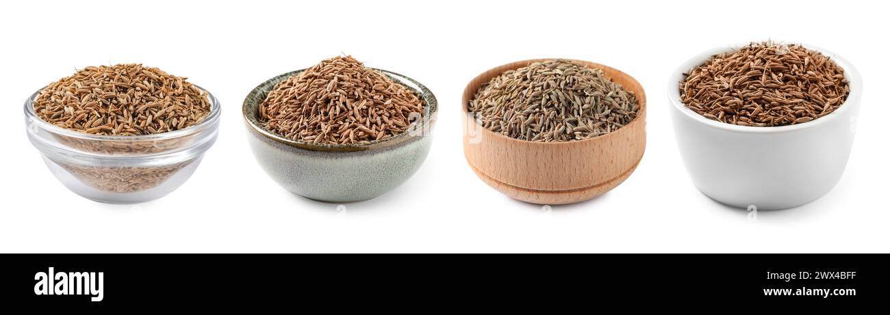 Aromatic caraway (Persian cumin) seeds in bowls isolated on white, set ...