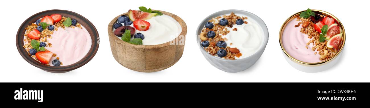 Different delicious yogurts in bowls isolated on white, set Stock Photo ...