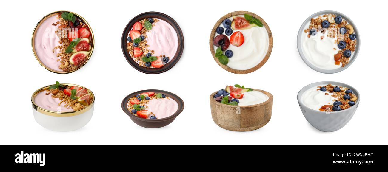 Different delicious yogurts in bowls isolated on white, top and side ...