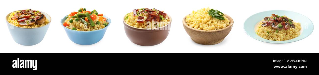 Tasty millet porridge isolated on white, set Stock Photo - Alamy