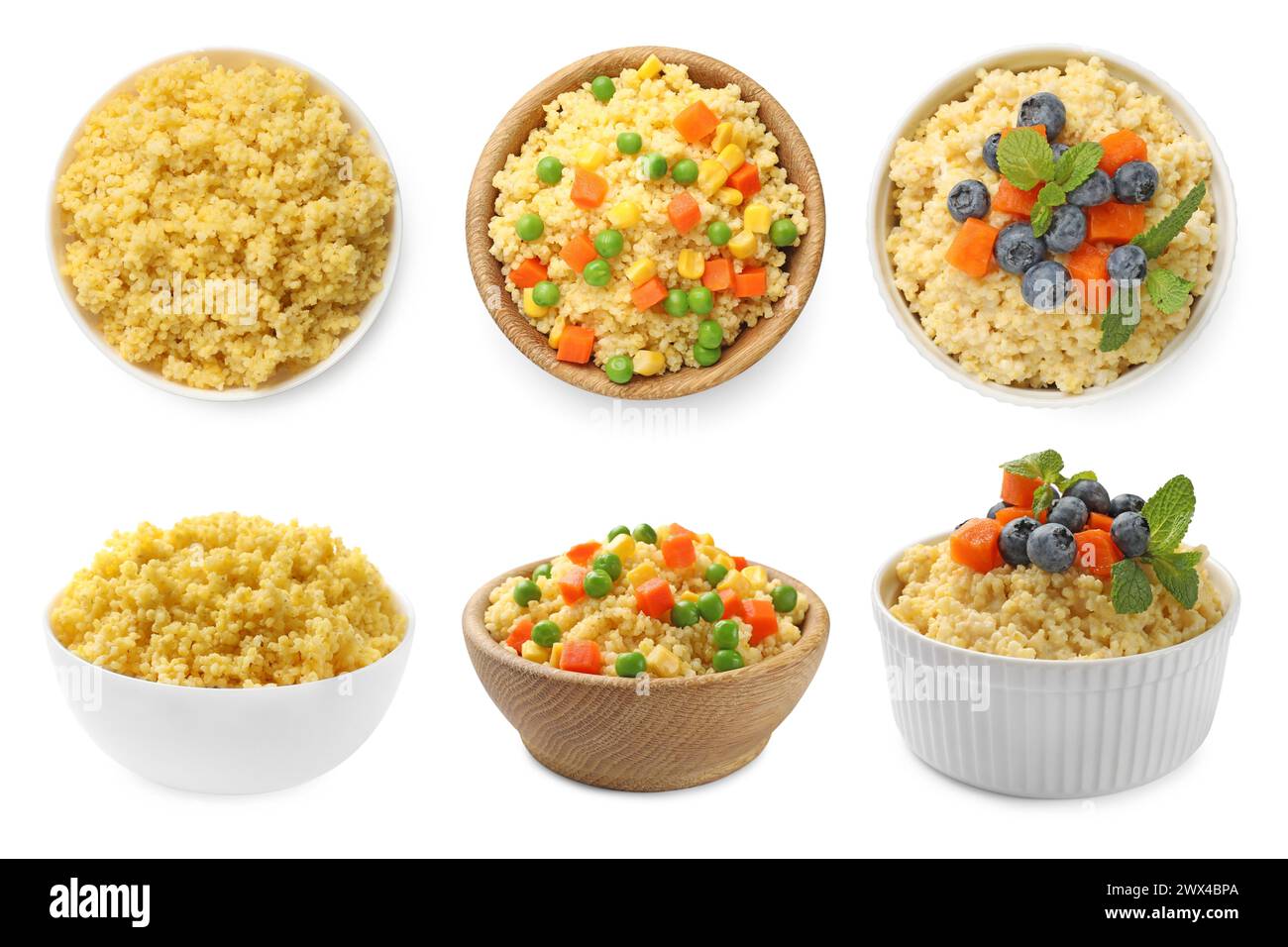 Set of tasty millet porridge in bowls isolated on white, top and side ...