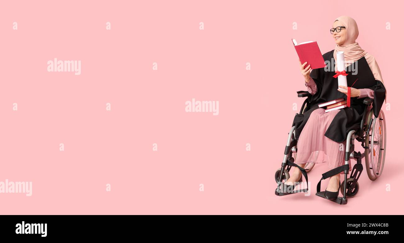 Young Muslim girl with physical disability, in graduation gown and with ...