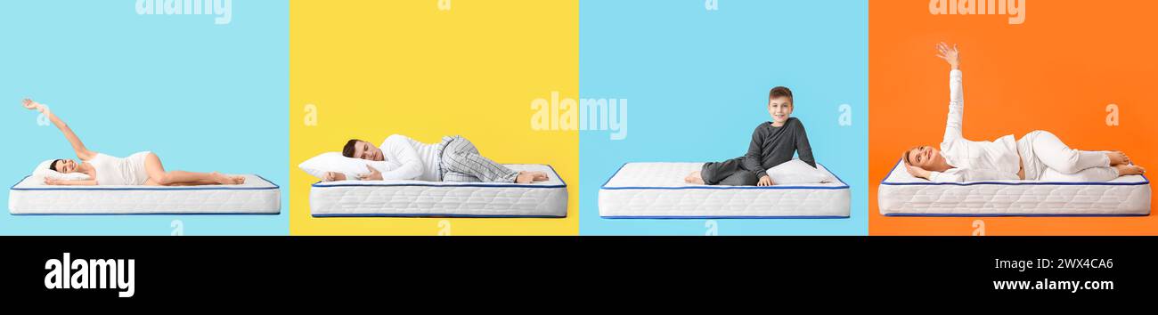 Set of people resting on soft mattresses against color background Stock ...